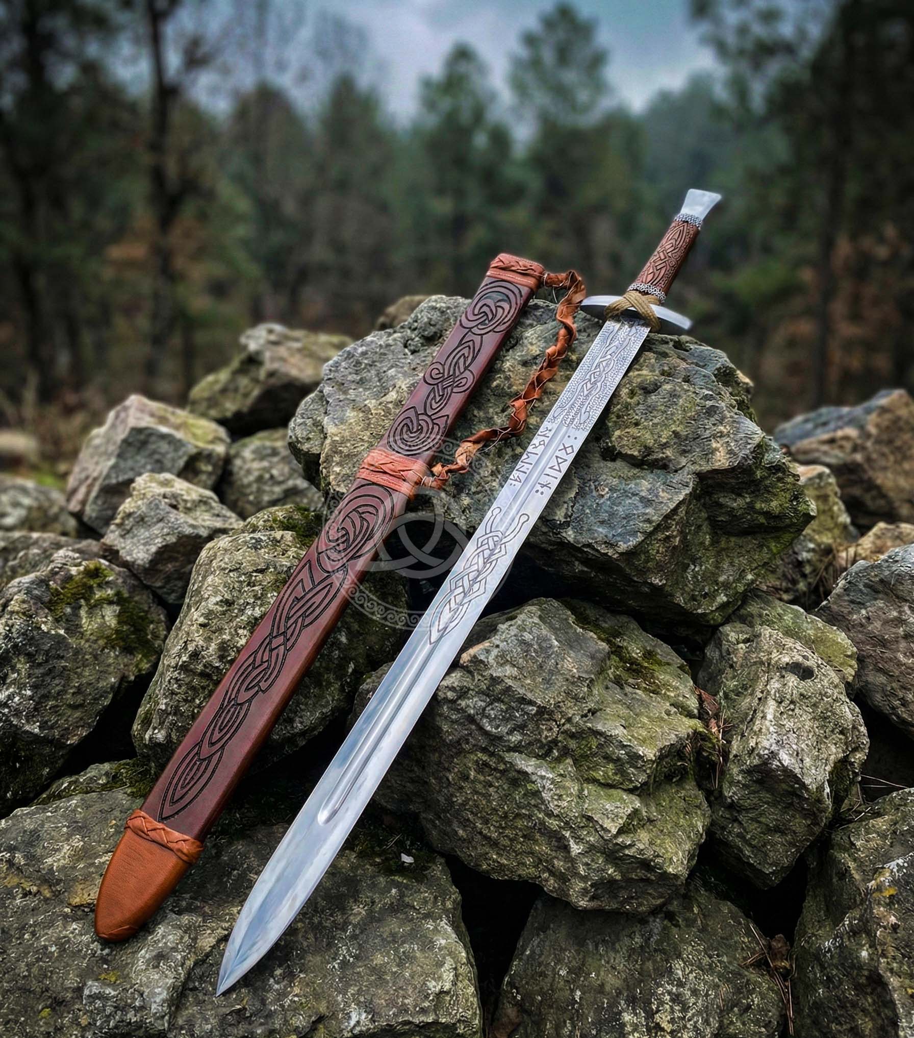 Custom Viking Sword | Hand Forged Norse Runes Blade & Wooden Scabbard ...